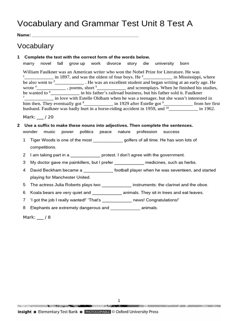 Vocabulary Grammar Unit 8 Test A | PDF | William Faulkner | Linguistic ...