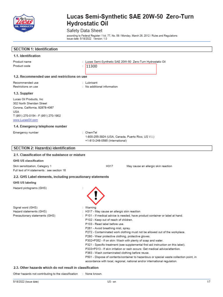 Hydrostatic Transmission Fluid SDS | PDF | Toxicity | Firefighting