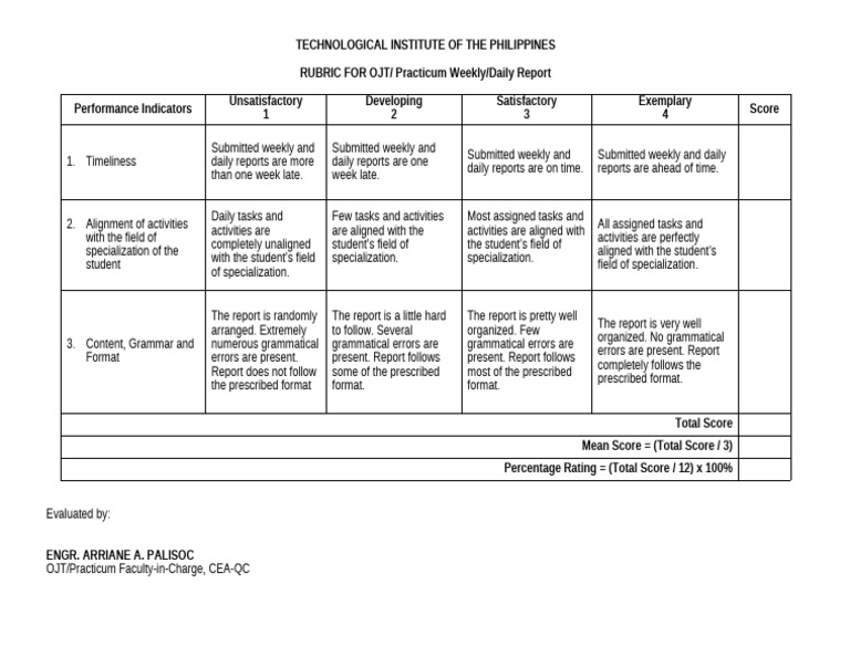 Rubric For Weekly Daily Report | PDF | Evaluation