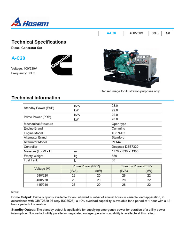 Specification of 25kVA Diesel Generator With Stamford Alternator A-C28 ...