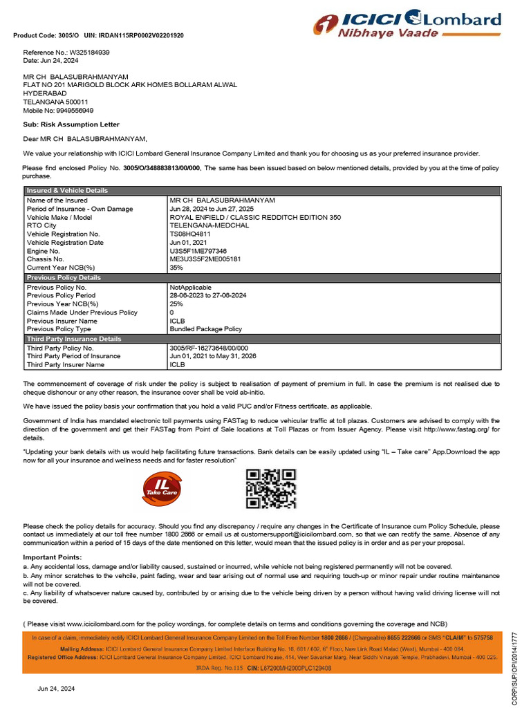 Sub: Risk Assumption Letter: Insured & Vehicle Details | PDF ...