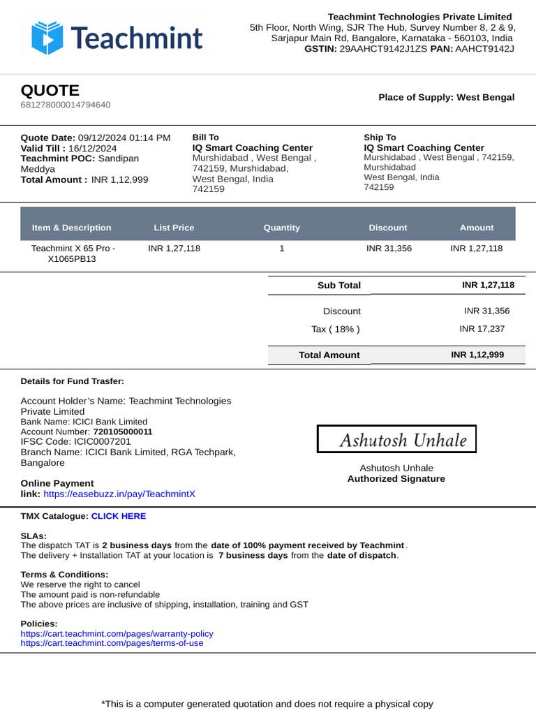 Teachmint X Proposal - IQ Smart Coaching Center | PDF | Money | Economies