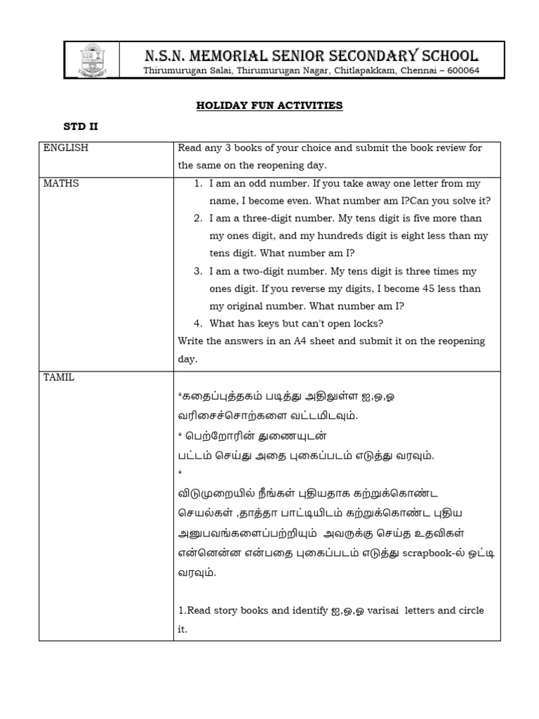 Holiday Assignment - Grade 2 | PDF