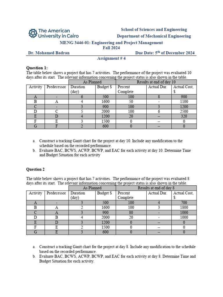 Assignment 4 MENG 3446 | PDF | Project Management