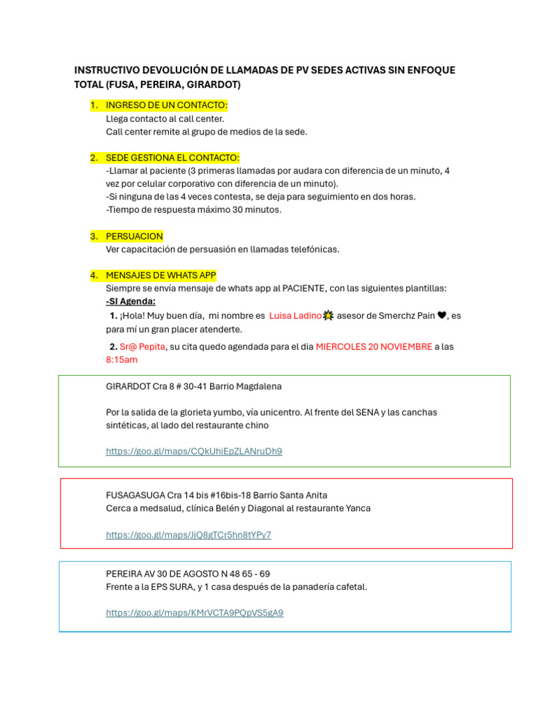 Instructivo Devolución de Llamadas de PV Sedes Activas Sin Enfoque Total | PDF