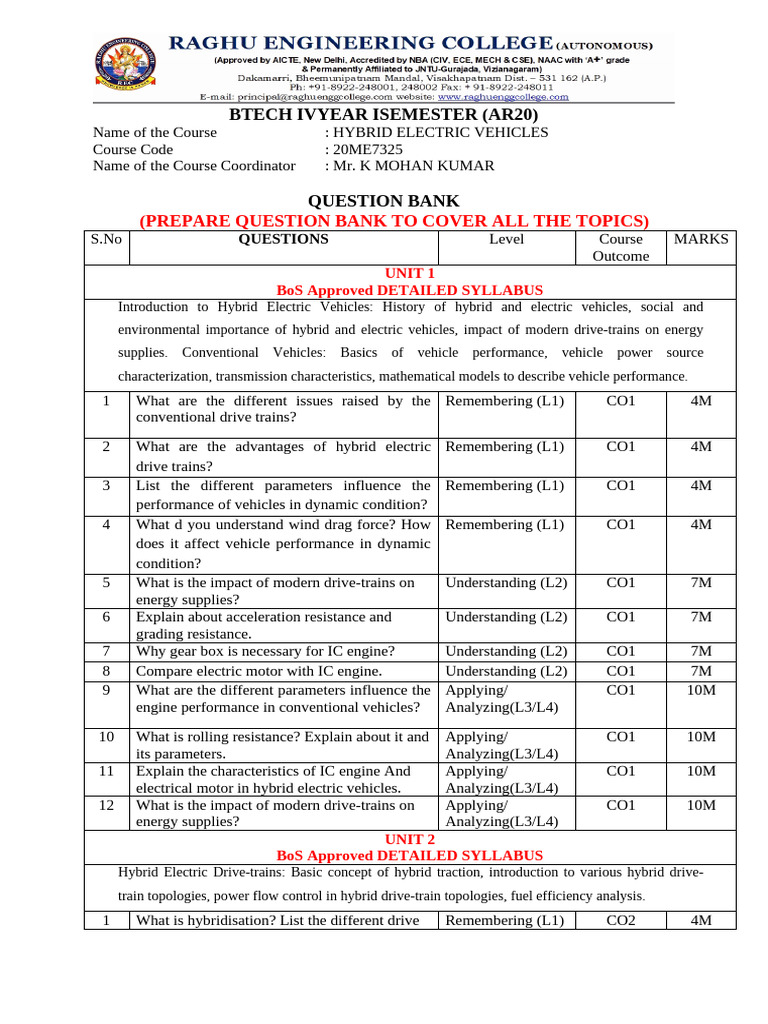 HEV Question Bank | PDF | Electric Vehicle | Hybrid Vehicle