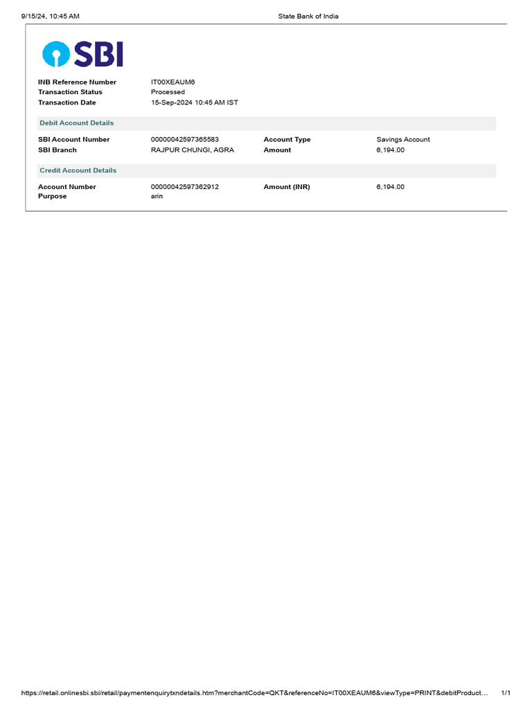 SBI Transaction Details for 15-Sep-2024 | PDF