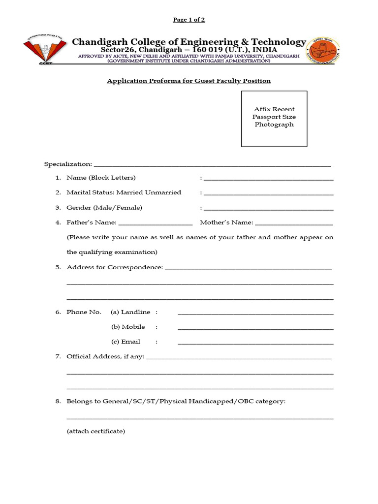 App Proforma For Guest Faculty Position | PDF | Qualifications