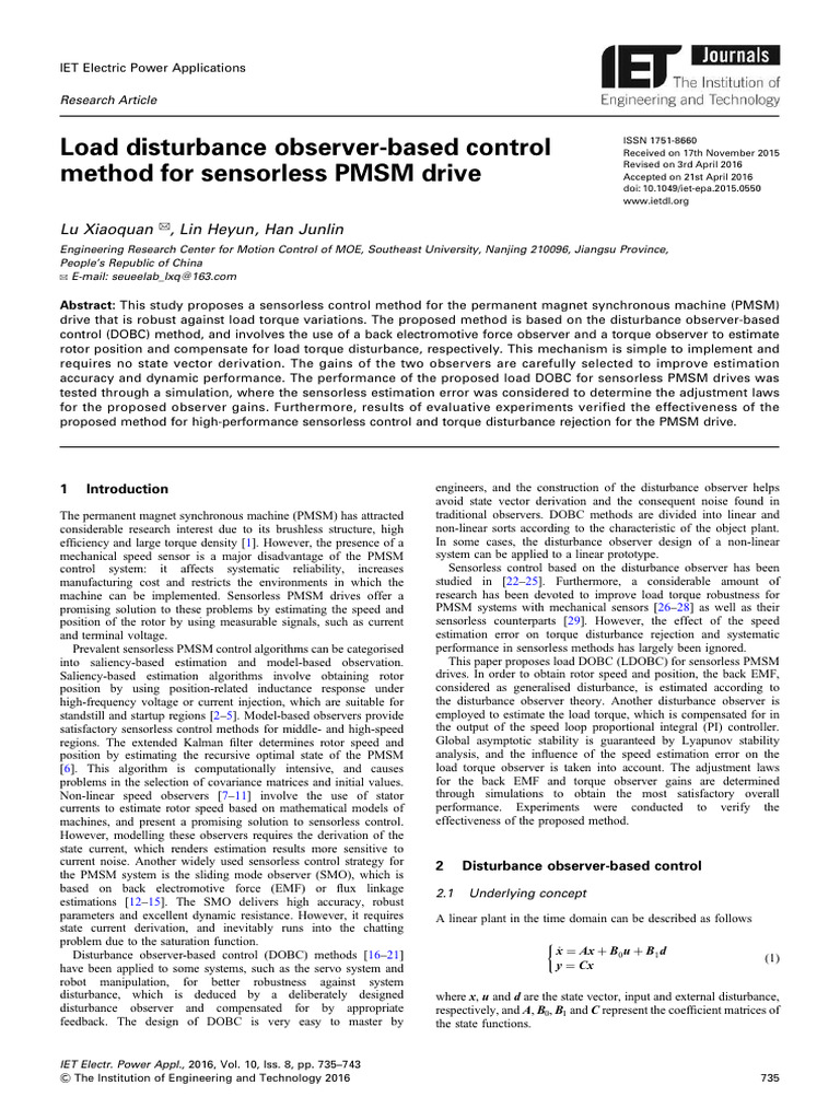 IET Electric Power Appl - 2016 - Xiaoquan - Load disturbance observer‐based control method for ...