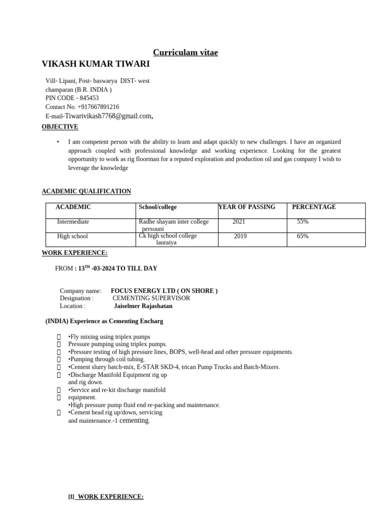 Vikash Kumar Tiwari Resume 1 Ce.2021 To 2024-1 | PDF | Pump