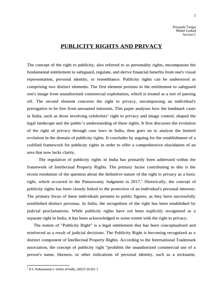Publicity Rights and Privacy | PDF | Privacy | Personality Rights