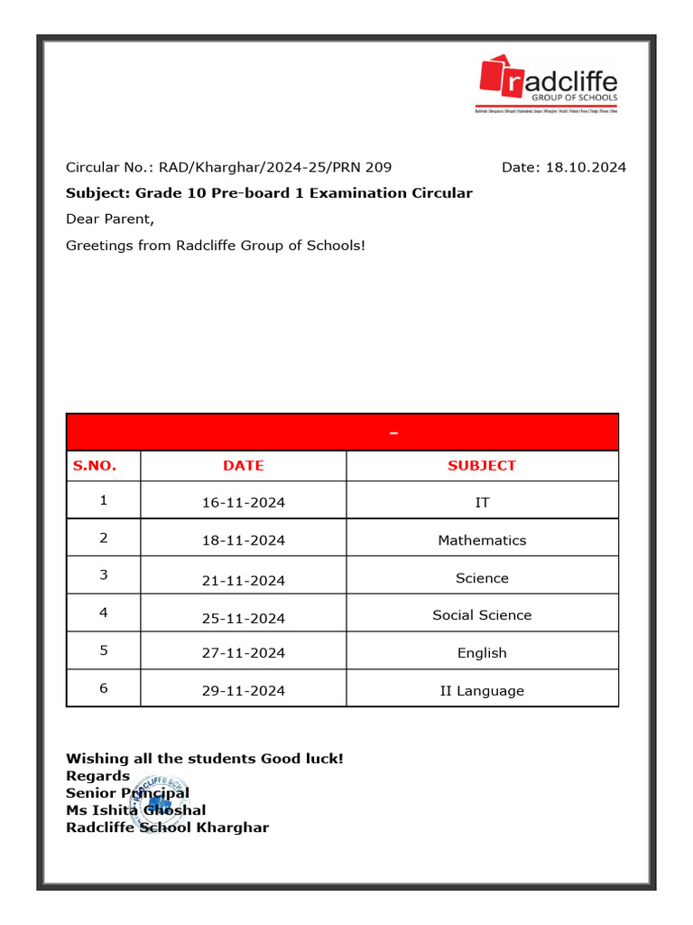 Subject: Grade 10 Pre-Board 1 Examination Circular: Based On Entire ...