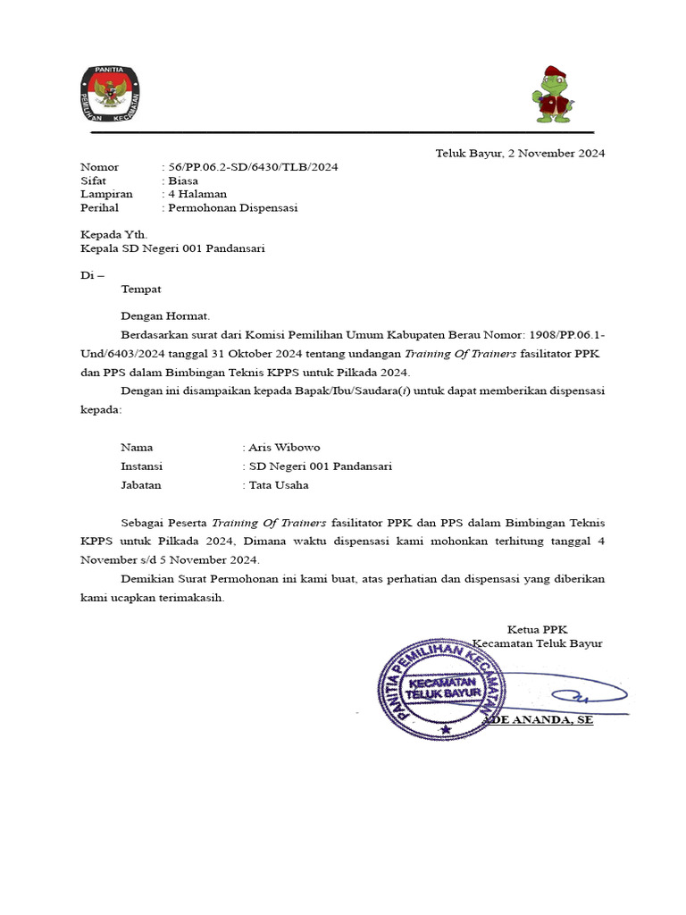 Surat Dispensasi PPS Labanan Makmur - Aris Wibowo | PDF