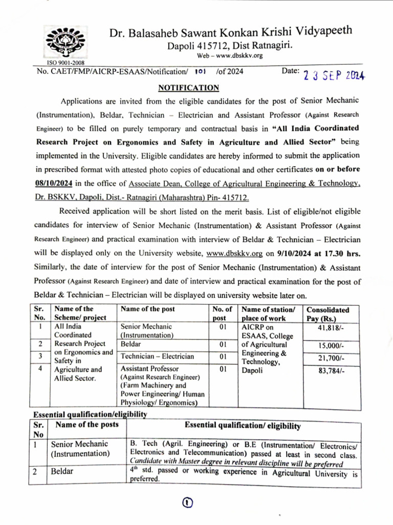 DR Balasaheb Sawant Konkan Krishi Vidyapeeth (DBSKKV) Job 137 | PDF