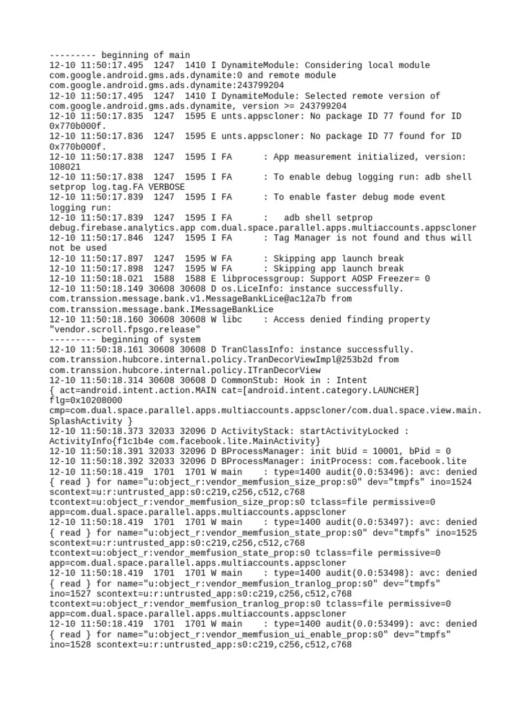 Com - Dual.space - Parallel.apps - Multiaccounts.appscloner Logcat | PDF | Android (Operating ...
