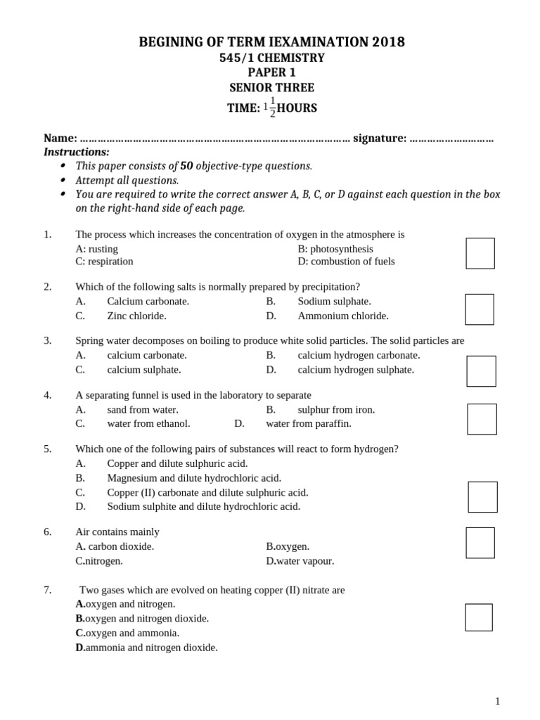 s3 Chemistry Paper 1 Begining of Term Iexamination | PDF | Hydroxide ...