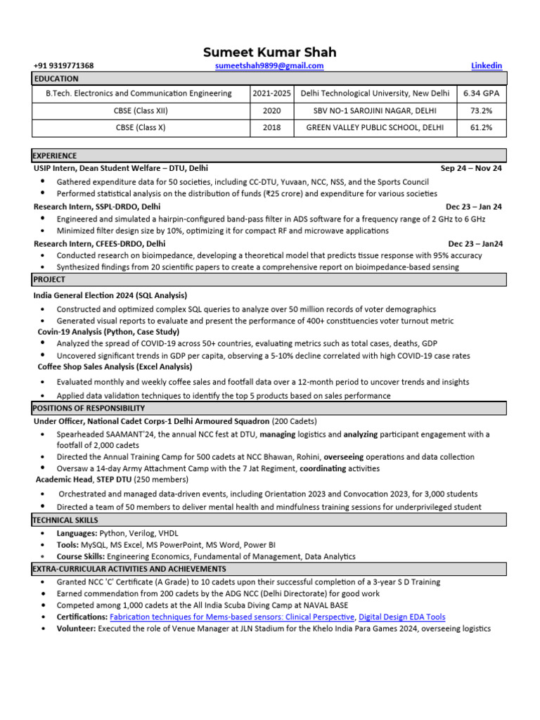 DTU Resume of Sumeet Kumar Shah | PDF