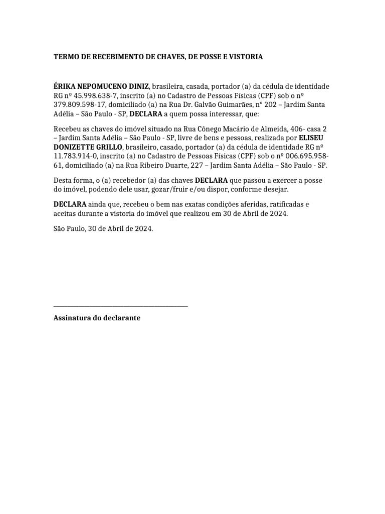 Modelo de Termo de Recebimento de Chaves de Posse e Vistoria | PDF