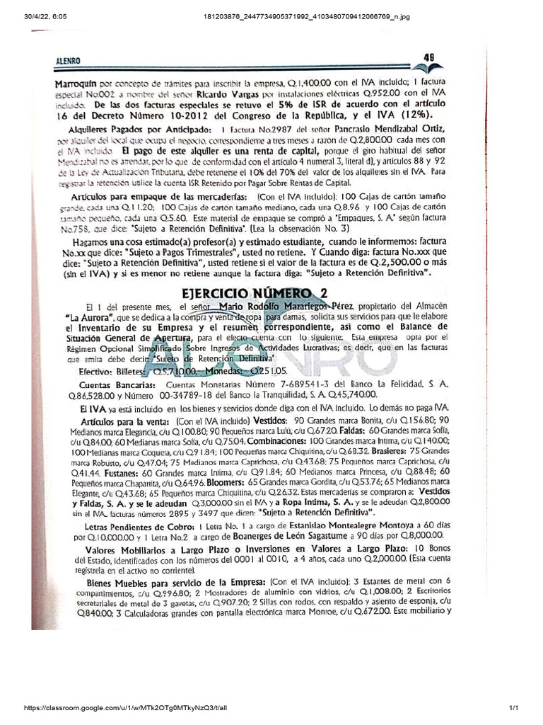 Ejercicio No. 2 Practiquemos Contabilidad H1 | PDF