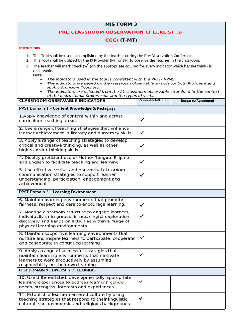 MIS-FORM-2-3-PRE-OB | PDF | Learning | Teachers