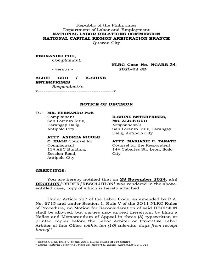 Labor Case Decision Notice | PDF | Arbitration | Common Law