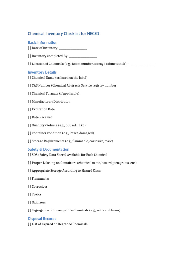 Chemical Inventory Checklist For NECSD1 | PDF