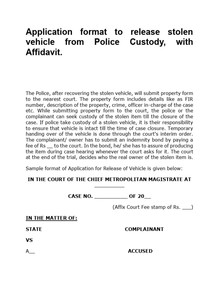 Format of Application To Release Stolen Vehicle From Police Custody ...