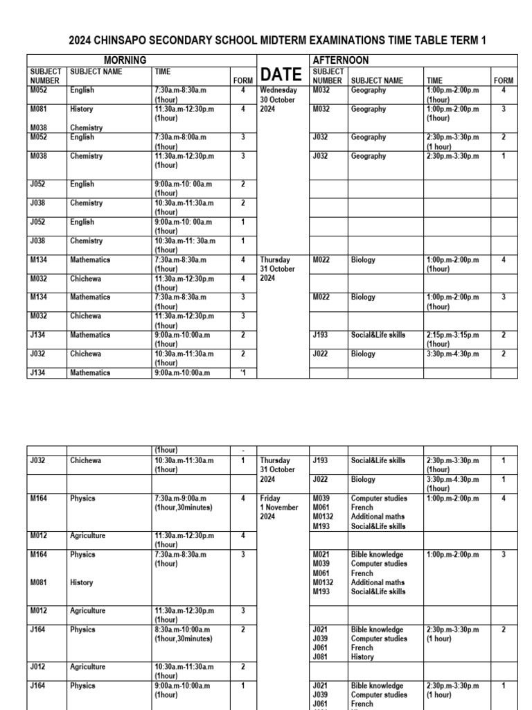 Term I Midterm Time Table | PDF | Science