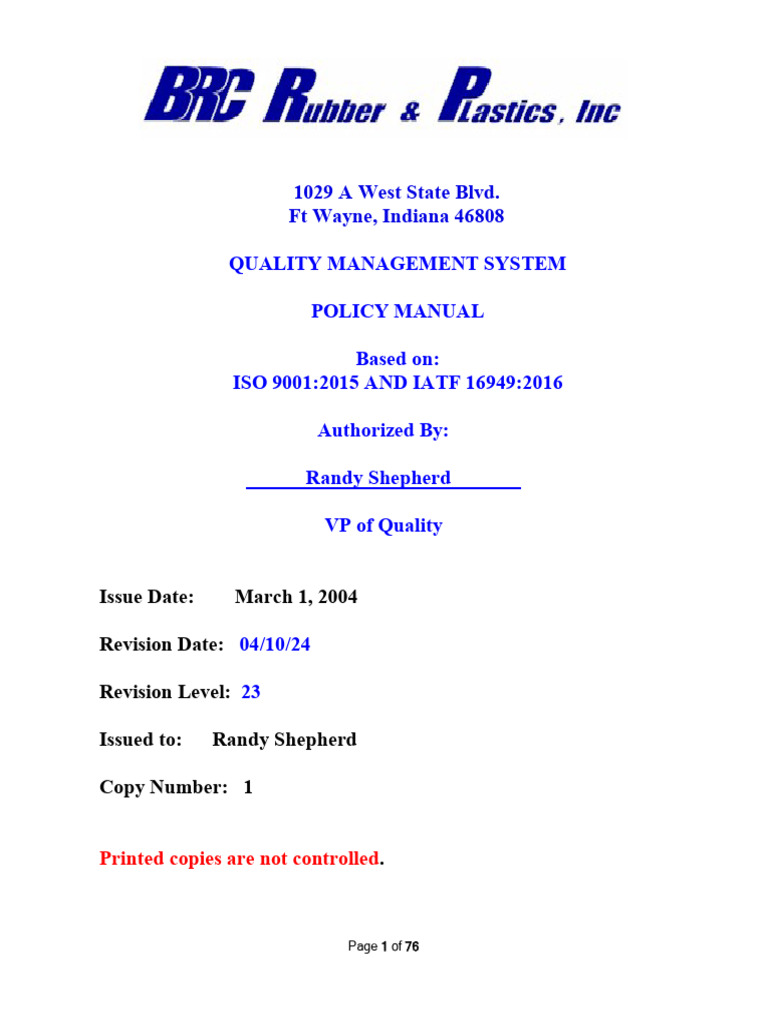 BRC_Quality_Manual | PDF | Quality Management | Quality (Business)