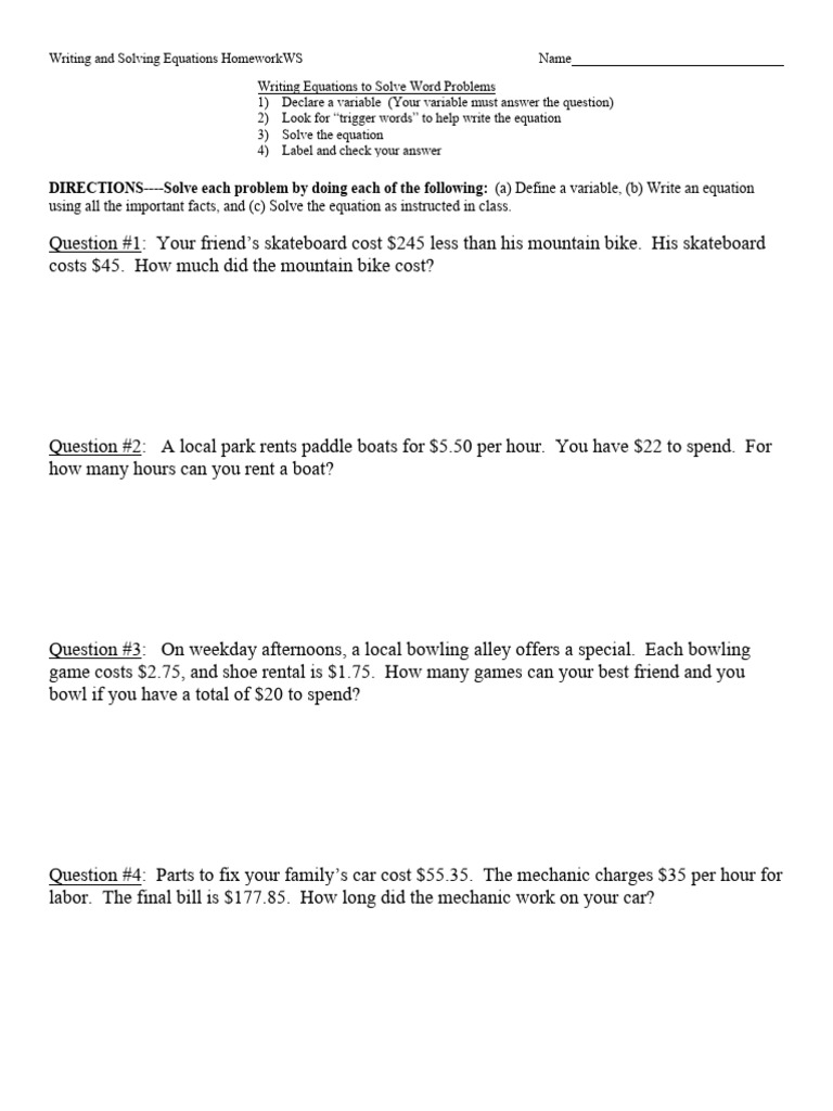 Writing Equations Homework | PDF