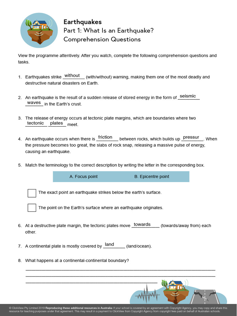 Part 1 - WhatIsAnEarthquake - ComprehensionQuestions | PDF | Plate ...