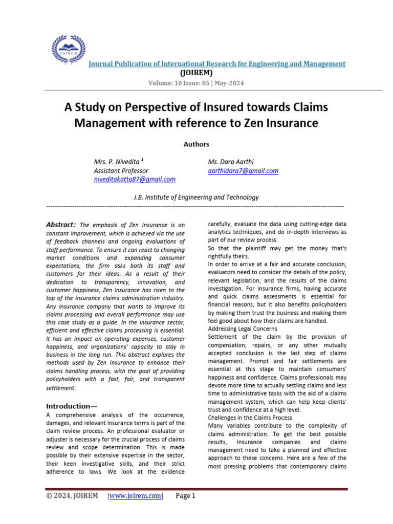 A Study on Perspective of Insured Towards Claims Management With ...