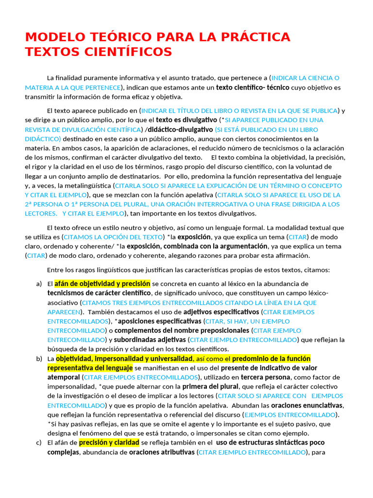 Modelo Teórico para La Práctica Textos Científicos | PDF | Oración (Lingüística) | Comunicación ...