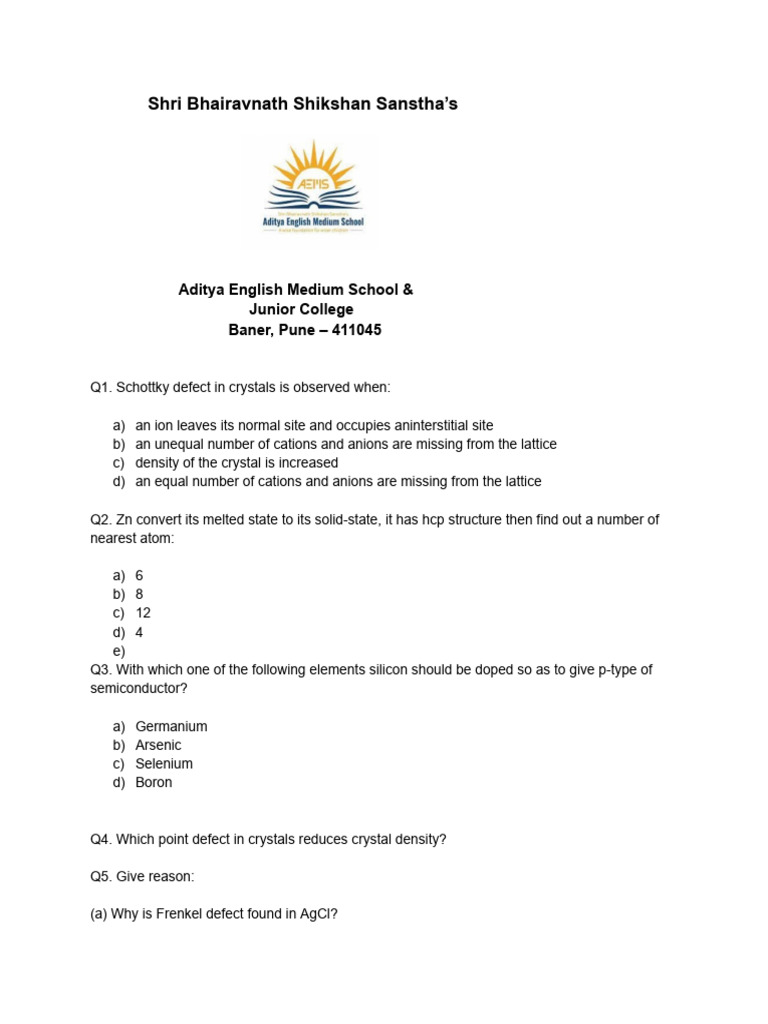 Solid State Chemistry Question Bank | PDF | Crystal Structure ...