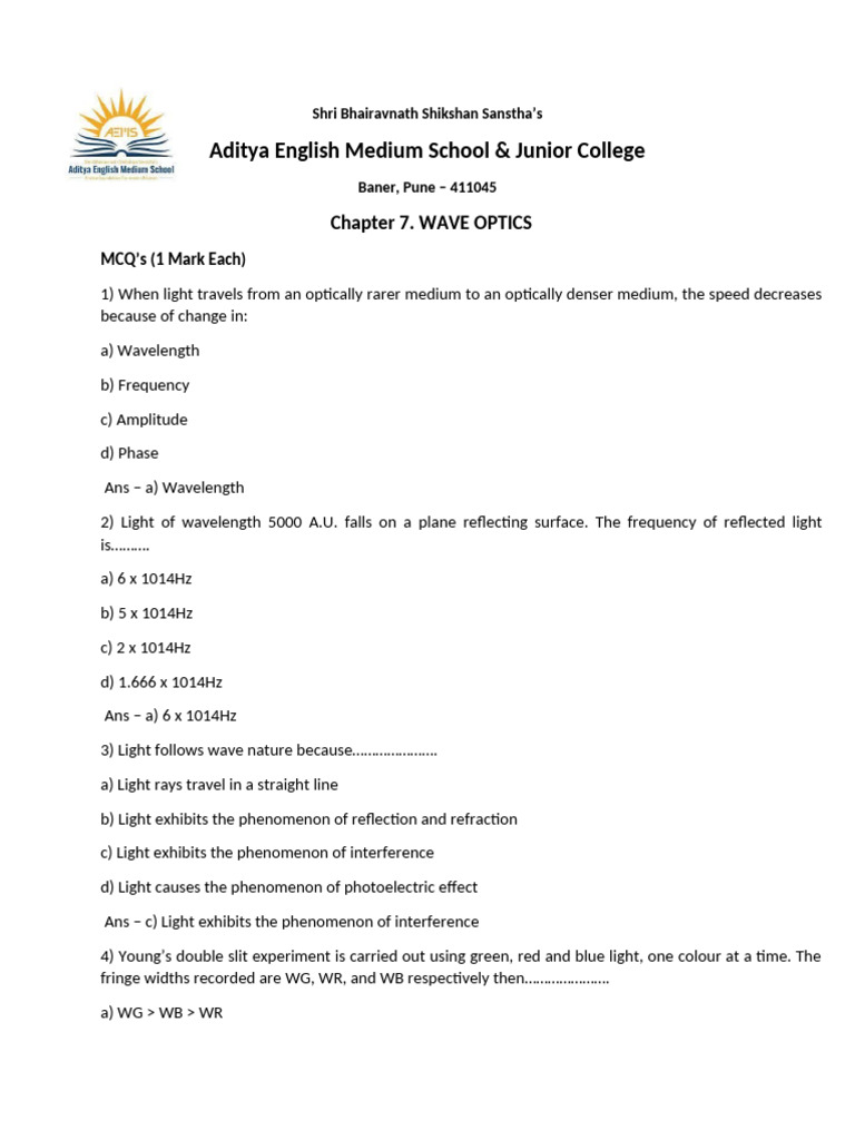 Wave Optics Important Questions & MCQs | PDF | Diffraction | Wavelength