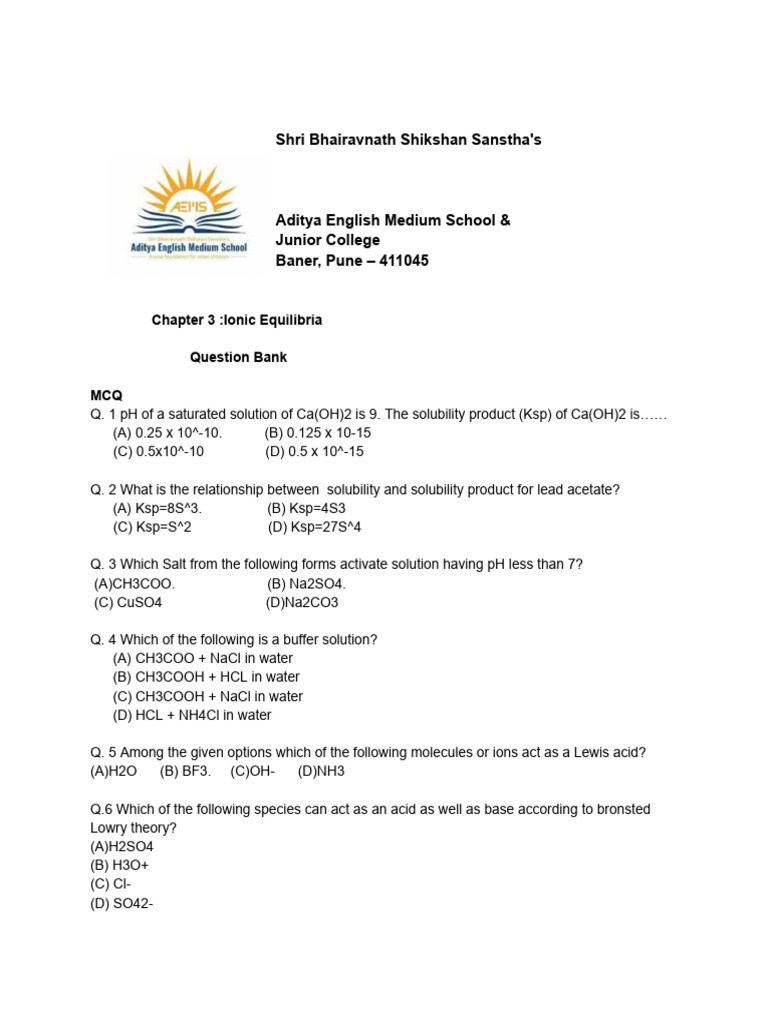 Chapter 3 - Ionic Equilibria Question Bank | PDF | Acid | Ph