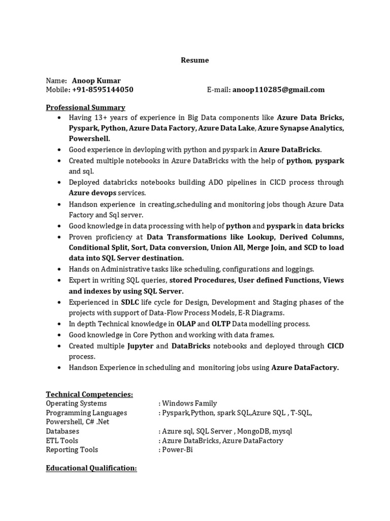 Anoop - Azure - Senior Data Engineer | PDF | Microsoft Sql Server | Apache Spark