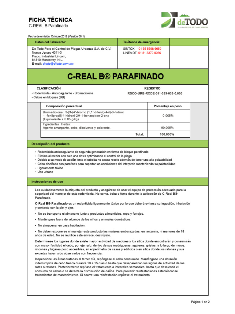 Ficha Técnica Rodenticida C-Real B. | PDF | Agua