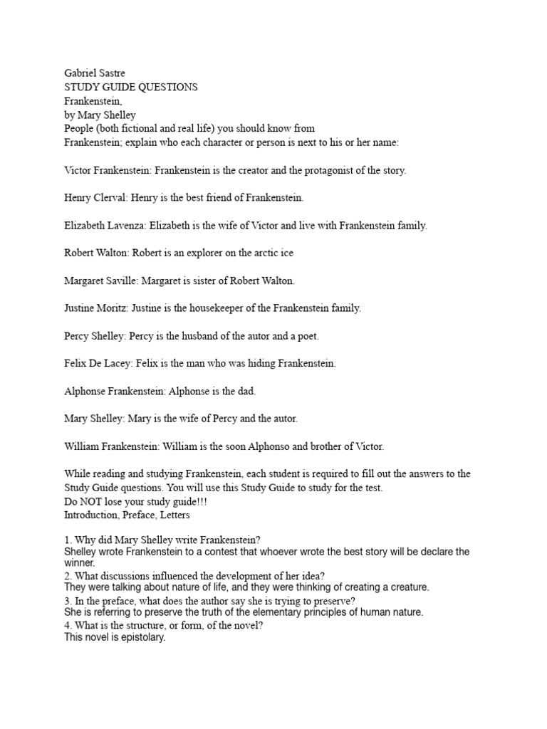 STUDY GUIDE QUESTIONS Frankenstein English 10th | PDF | Frankenstein ...