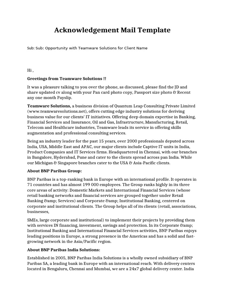 Acknowledgement Mail Template - BNP | PDF | Bnp Paribas | Business