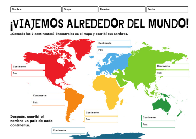 Colorido Mapa Continentes Hoja de Trabajo Para Imprimir | PDF