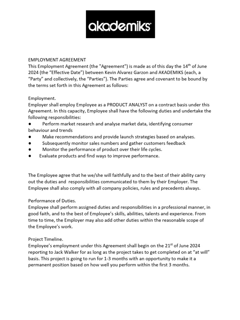 Employment Agreement Sample | PDF | Employment | Trade Secret