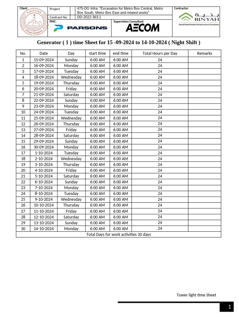 Generator time sheet | PDF