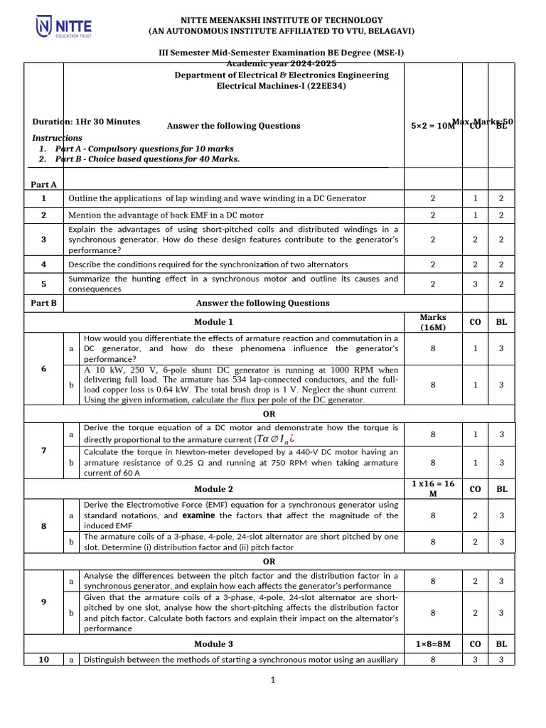EM1 - 22EE34 - MSE1 QP-DR - KNS | PDF | Electric Motor | Electricity