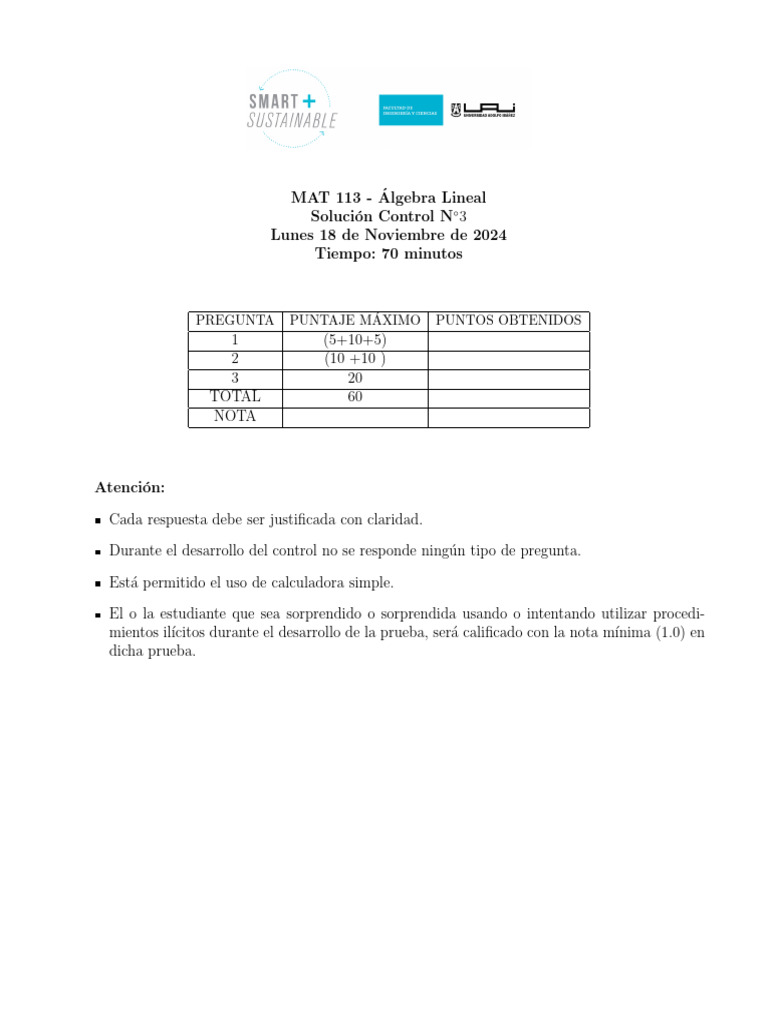 Álgebra Lineal: Solución Control 3 | PDF | Valores propios y vectores propios | Ecuaciones