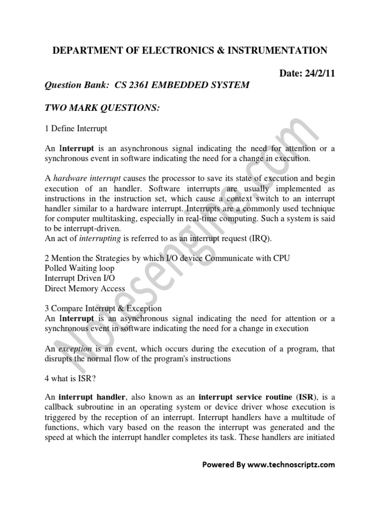 Department of Electronics & Instrumentation Date: 24/2/11: Question Bank: CS 2361 EMBEDDED ...