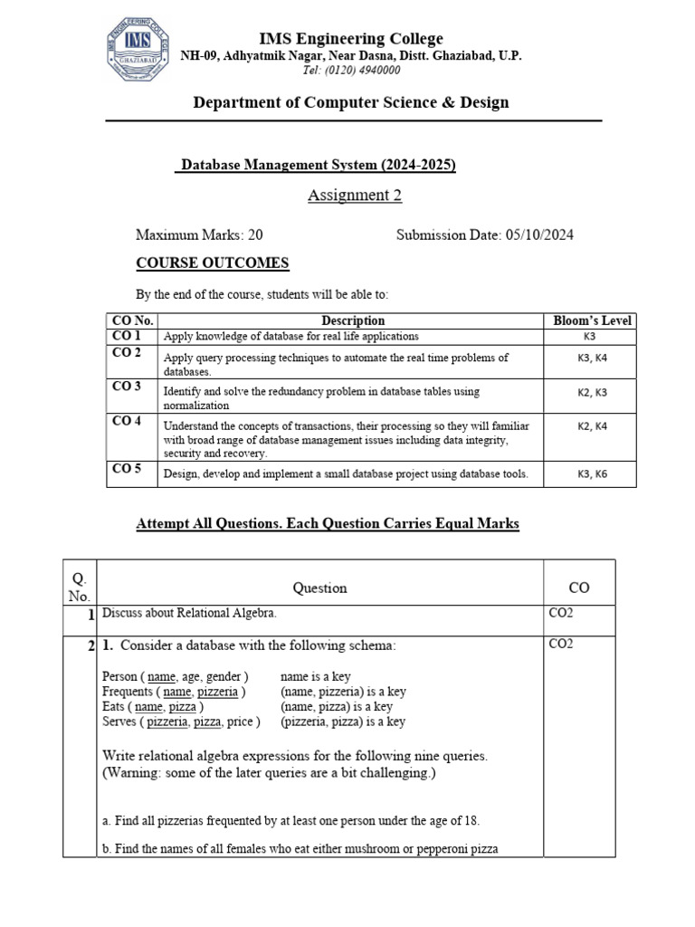 1029 Aiml DBMS Assignment 2 | PDF | Databases | Relational Model