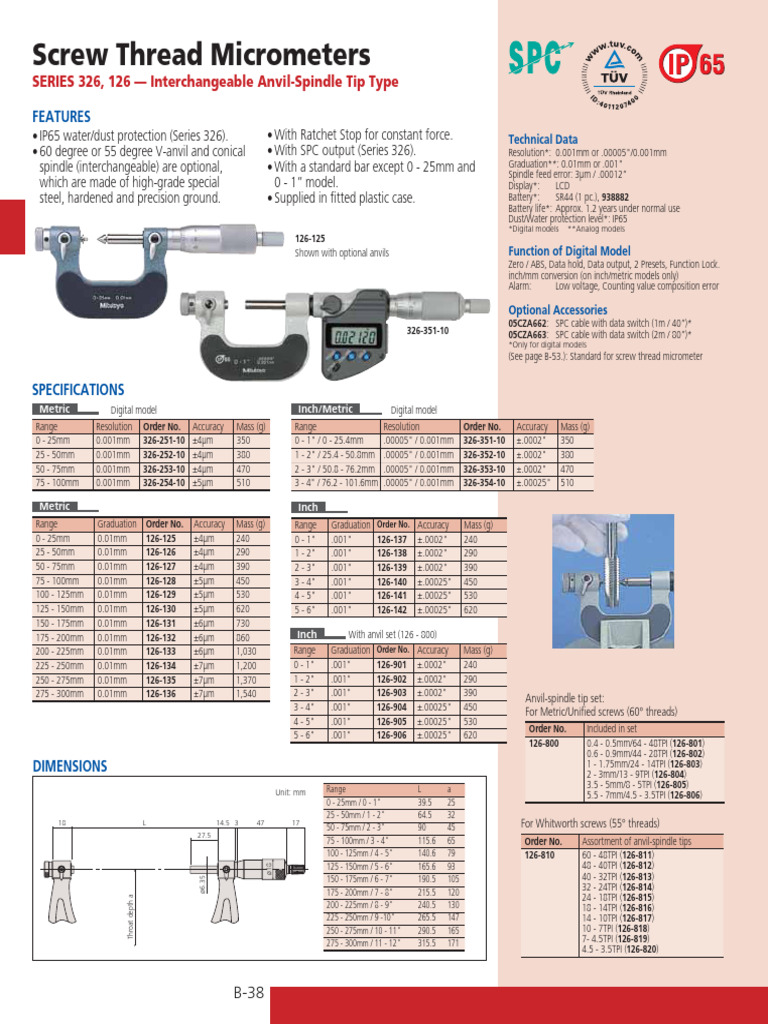Mitutoyo Series 126 326 Screw Thread Micrometers | PDF