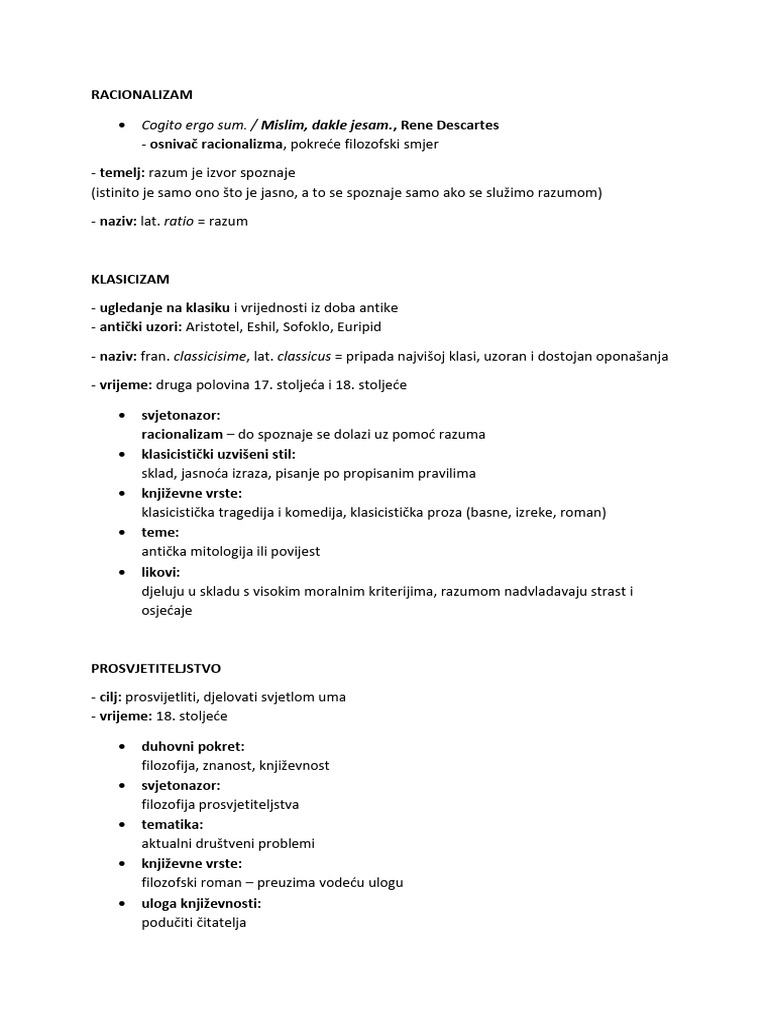 Klasicizam Prosvjetiteljstvo Romantizam | PDF