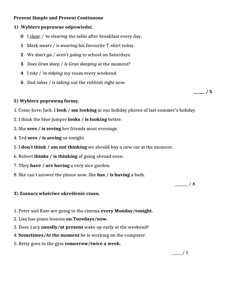 present simple, continuous kartkówka zadania zamkniete | PDF